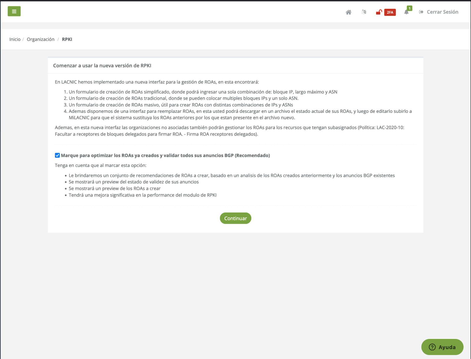 Pantalla inicial / optimizar ROAs – LACNIC