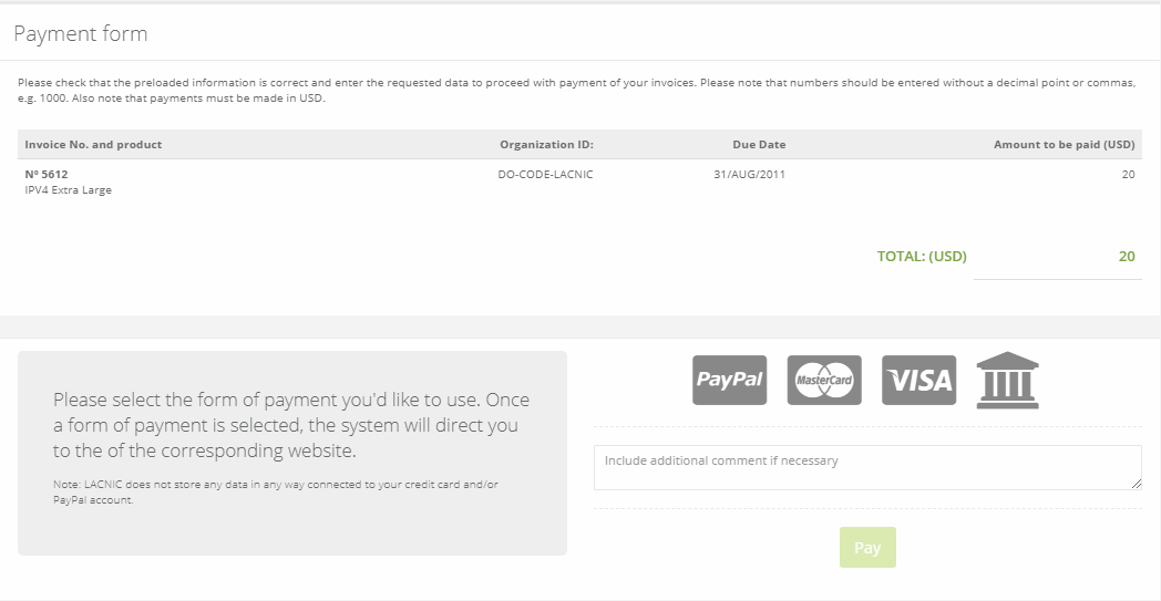 Payment process, payment form – LACNIC