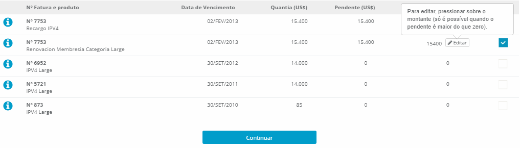 Lista de faturas, início processo de pagamento – LACNIC